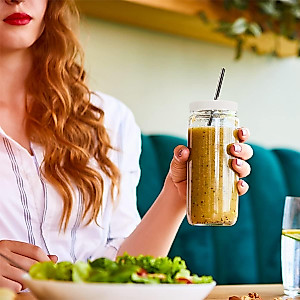 OAMCEG 8 Pack 16OZ Glass Juice Bottles with Straw Lids - Smoothie Cups with Lids and Straws, Reusable Juice Bottles for Juicing, Glass Drinking Mason Jars Travel Bottles Cup (Perforated Cover)