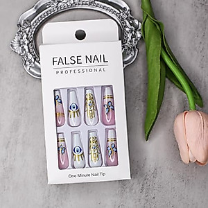 Fall Press on Nails Long Square Fake Nails with Eyeball and Butterfly Designs Acrylic Nails Autumn Glossy False Nails White Glue on Nails for Women 24PCS