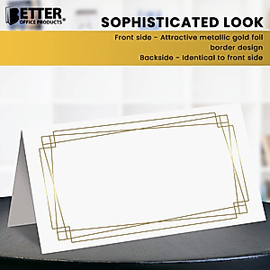 Better Office Products 100 Pack Place Cards, 2 x 3.5 in, White with Modern Metallic Gold Geometric Border, Folded Table Tent Cards for Weddings, Dinner Parties, Buffet Banquets,(100 Count)