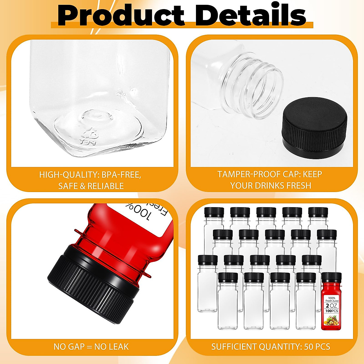 50 Pcs 2oz Clear Plastic Bottles, Mini Juice Bottle with Black Screw Lid, Juice Bottles Empty Reusable Liquid Vial Freezer Safe Drinking Beverage Container Leak Proof for Juice Milk Water Beverages