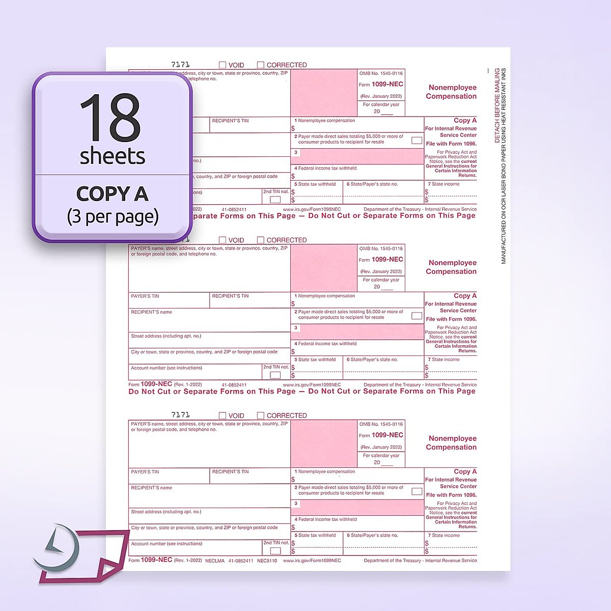 NextDayLabels - 1099-NEC Forms for 2024, 4-Part Tax Forms, Vendor Kit of 50 Laser Forms and 50 Self-Seal Envelopes, Forms Designed for QuickBooks, TFP and Other Accounting Software