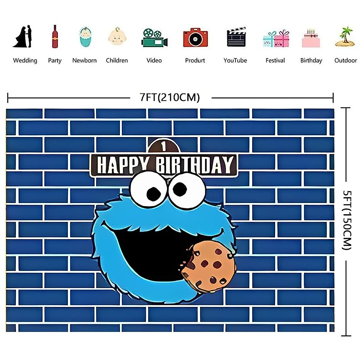 Backdrop, Cookie Monster for Birthday Party Decorations,Happy Birthday Banner Shoot Photo Backgrounds Props for Boys and Girls Party 7X5ft