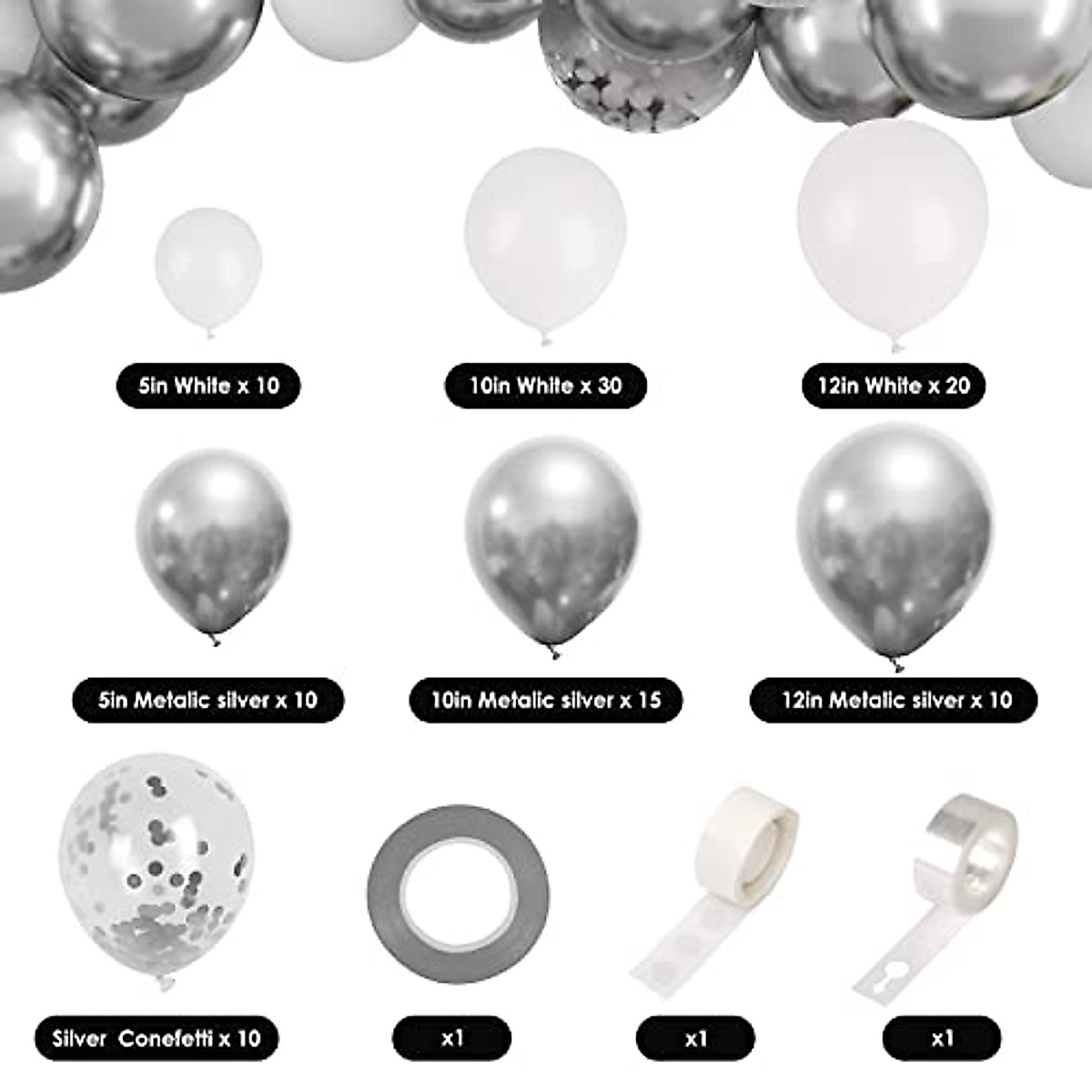 RUBFAC 105pcs White and Silver Confetti Balloons Garland Kit, White Metallic Silver and Silver Confetti Party Balloons for Birthday, Graduation, Wedding Party Decoration