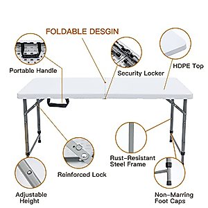 Lakhow 122CZ Folding Tables Camping Table 4FT Adjustable Height（ 49/61/74CM） Portable Dining Table Party,Height Adjustable Craft Camping and Utility Folding Table,White Granite