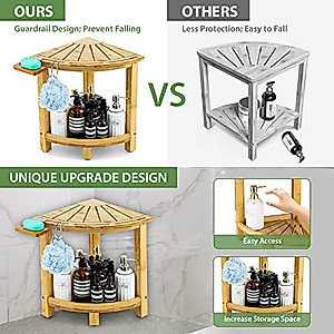 ETECHMART Bamboo Corner Shower Stool for Shaving Legs Foot Rest, Waterproof Bath Bench Seat with Storage Shelf and Soap Dish for Bathroom Inside Shower, Use as Small Corner Table Step Stools, Bamboo