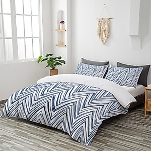 TOPTREE Geometric Blue Duvet Cover Queen - Modern Indigo Blue Chevron Bedding Set 3 Piece Blue and White Bed Set for Women Adults (Queen, Blue Chevron)