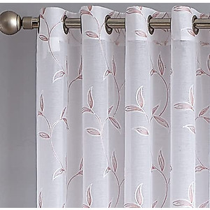 LINENZONE Sheer White Patio Door Curtain for Sliding Door with Blush Pink Leaf Embroidery. Extra Wide Curtains for Patio Doors, Glass Door Curtains, or Balcony Curtains. (Maria 102 x 84 Blush)