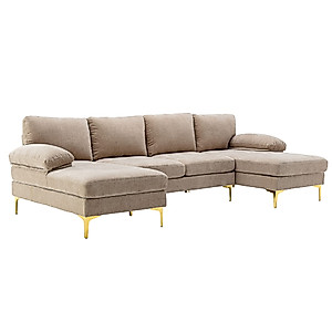 U Shaped Sectional Sofa with Double Extra Wide Chaise Lounge, 110.63" Soft Velvet Upholstery Couches with Solid Wood Frame, Detachable Cover & Armrest and Golden Color Metal Feet, Easy to Install