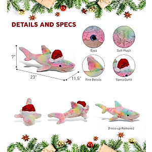 DolliBu Santa Large Rainbow Shark Stuffed Animal Plush Toy - Wild Animal Dress Up with Red Santa Claus Hat, Cute Wildlife Gift, Perfect Holiday with Name Personalization - 23 Inches