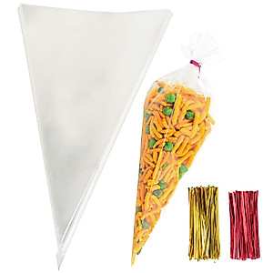 Cone Cellophane Bags,200 PCS 6.3"x11.8" Cello Clear Cone Shaped Treat Bags with Twist Ties, Plastic Cone Bags Triangle Bags for Popcorn Favor Candy