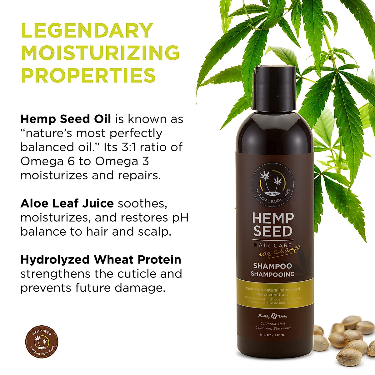 Earthly Body Hemp Seed Hair Care Shampoo, Nag Champa - 8 Fl Oz - Moisturizes Hair, Cleans & Soothes Scalp - Sulfate-Free Formula with Hemp Seed Oil & Coconut Oil - Vegan, Cruelty Free