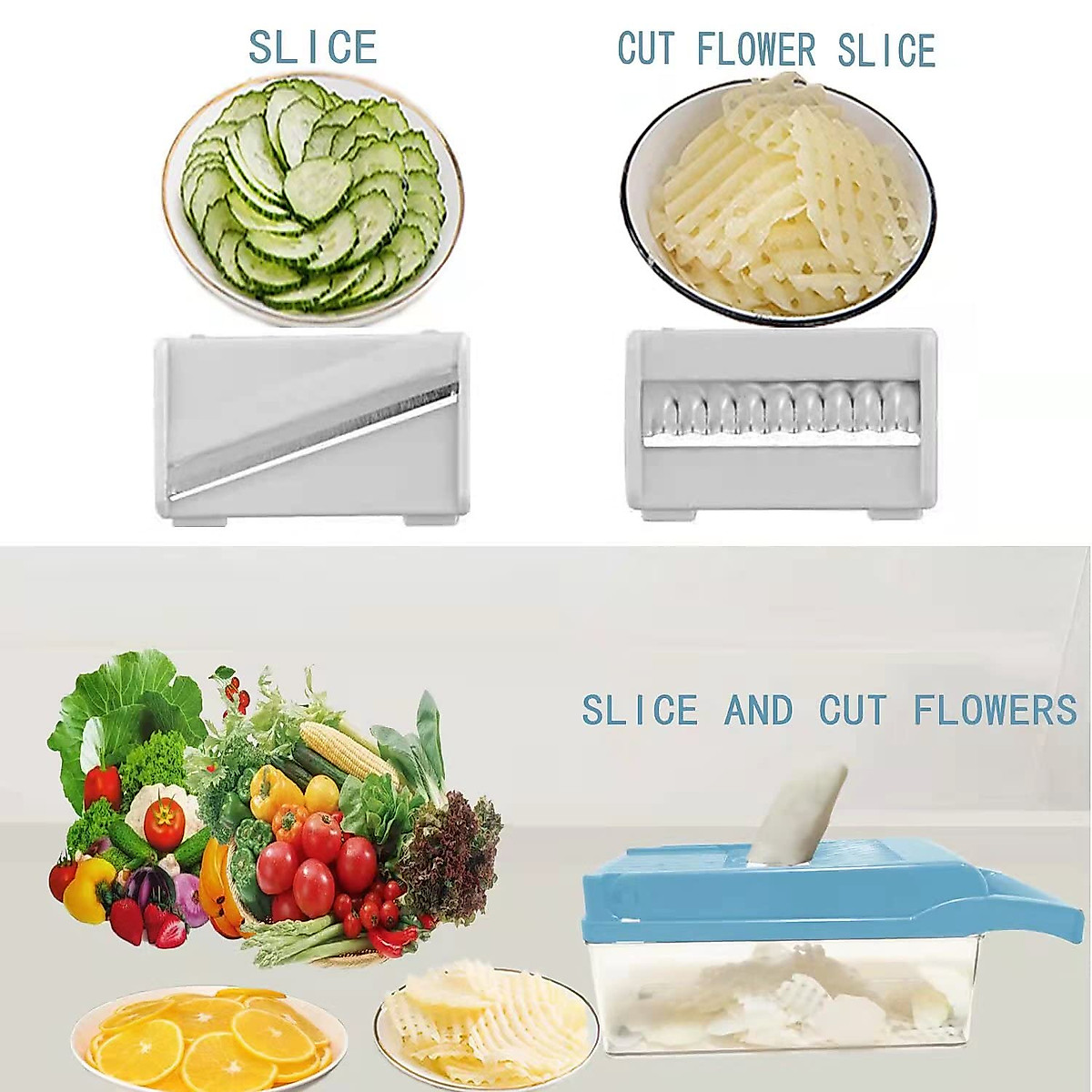 Vegetable Chopper Multifunctional Veggie Chopper,Blue Kitchen Vegetable Slicer Dicer Cutter,Potato Onion Food Chopper with Vegetable Peeler,Hand Guard and Container