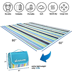 GIVERARE Picnic Beach Blanket, XL Sandfree Waterproof Outdoor Camping Blanket, Quick Drying Oxford Family Mat, Portable Extra Large Picnic Mat for Travel, Hiking, Music Festival, Lawn