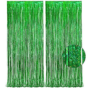 Green Tinsel Curtain Party Backdrop - GREATRIL Foil Fringe Curtain for St Patrick’s Day/Luau/Hawaiian/Dinosaur/Jungle/Summer/Safari/Ghost/Football Party/Christmas/Birthday Party Decorations 2 Packs