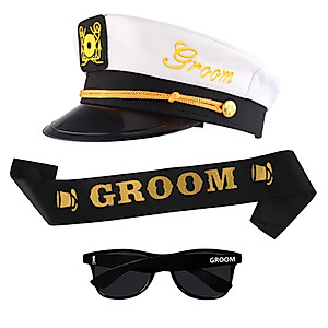 Bachelor Party Captain's Hat, Glasses, Sash Set - Groom To Be Accessories Set Includes Captain's Hat Groom Sunglasses Groom Sash Funny Bridal Shower Groomsman Wedding Gifts Favors Decor Decorations