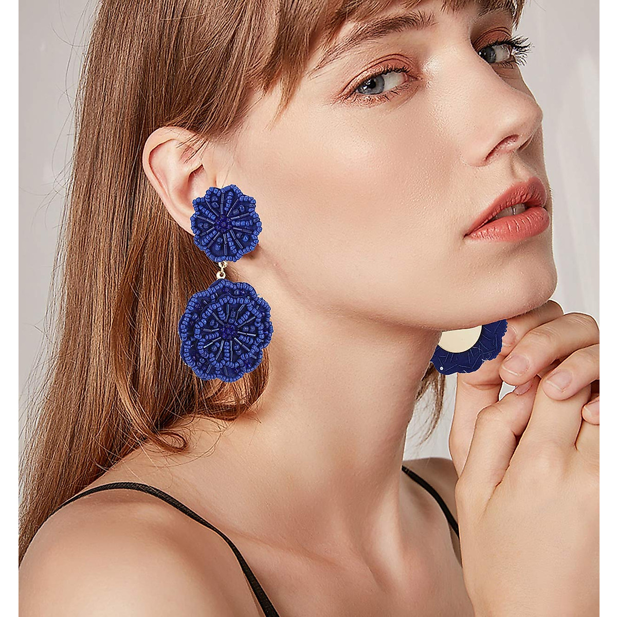 HSWE Statement Beaded Drop Earrings for Women Layered Bead Dangle Earrings (Blue)