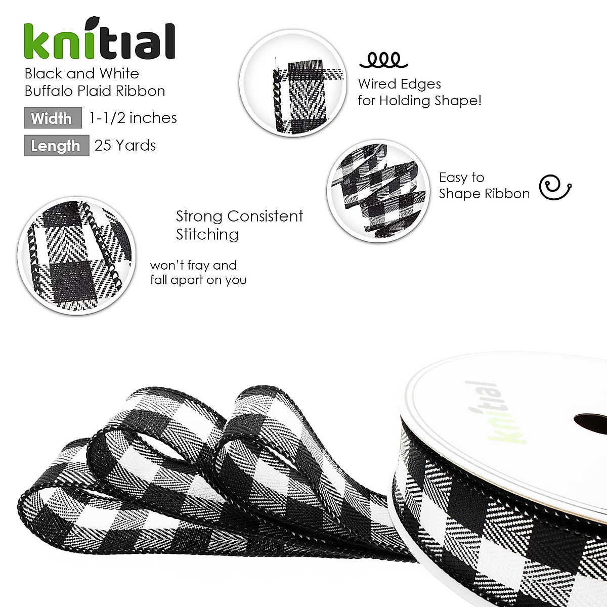 Knitial Wired Buffalo Plaid Ribbon 1-1/2 Inches x 25 Yards Black and White Buffalo Check Ribbon for Gift Wrapping, Crafts, and Decorations