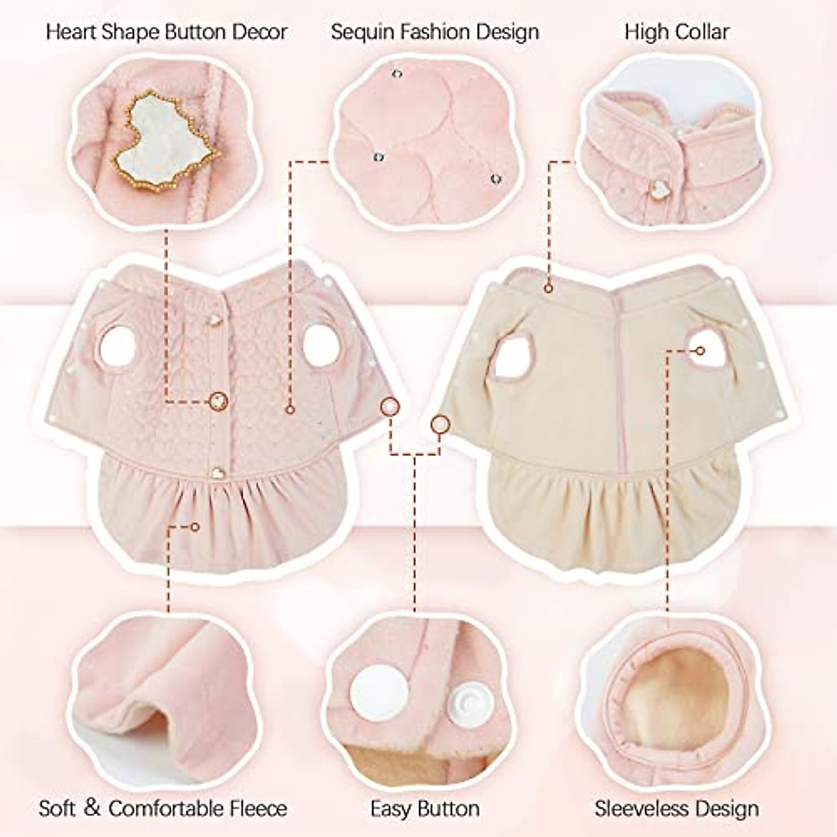 IKIPUKO Winter Dog Dress, Fleece Pet Skirt with Sequin Dog Warm Coat Girl One-Piece Heart Shape Decorate Button Winter Clothes Cute Puppy Clothes for Small Medium Dogs,L