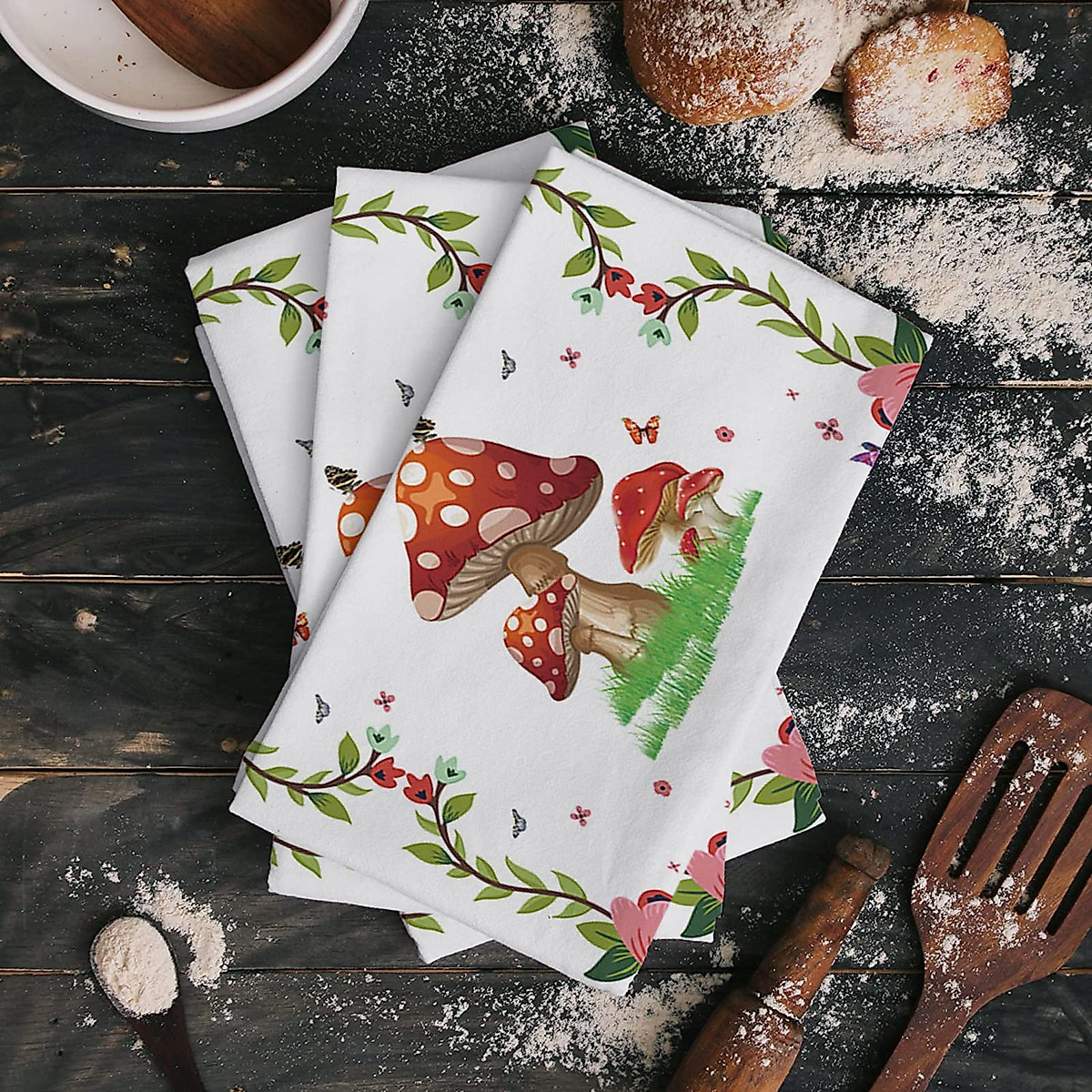 Dish Towels for Kitchen,Hand Towel Cleaning Cloths Country Forest Mushroom Absorbent Fast Drying Dish Rags,Flower Green Leaf Branch Frame Bathroom Cloth Set of 2 with Hanging Loop