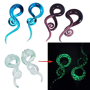 YOFANST Ear Stretching Glass Spiral Tapers Gauges 0g 6pcs Blue, Glow in the Dark, Purple