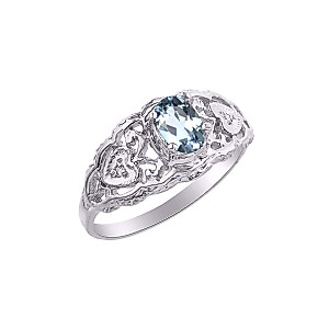 Rylos Rings for Women Sterling Silver Ring Filigree Heart Birthstone Ring 6X4MM Gemstone & Diamonds March Aquamarine Jewelry for Women Size 10