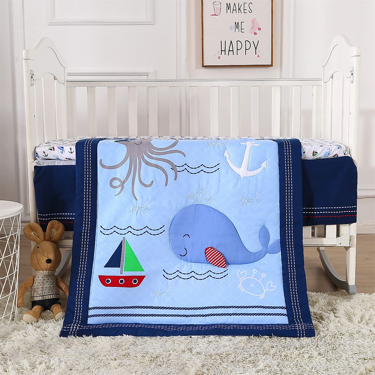 Wowelife Nautical Crib Bedding Sets 3 Piece Whale Crib Comforter Bed Set Sea Crib Bedding Set Nursery Bedding Set with Comforter,Skirt and Fitted Sheet