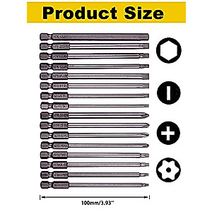 Rocaris 16 Pack 1/4 Inch Hex Shank Long Magnetic Screwdriver Bits Set 4 in Power Tools(Slotted+Cross+Hex+Plum blossom)
