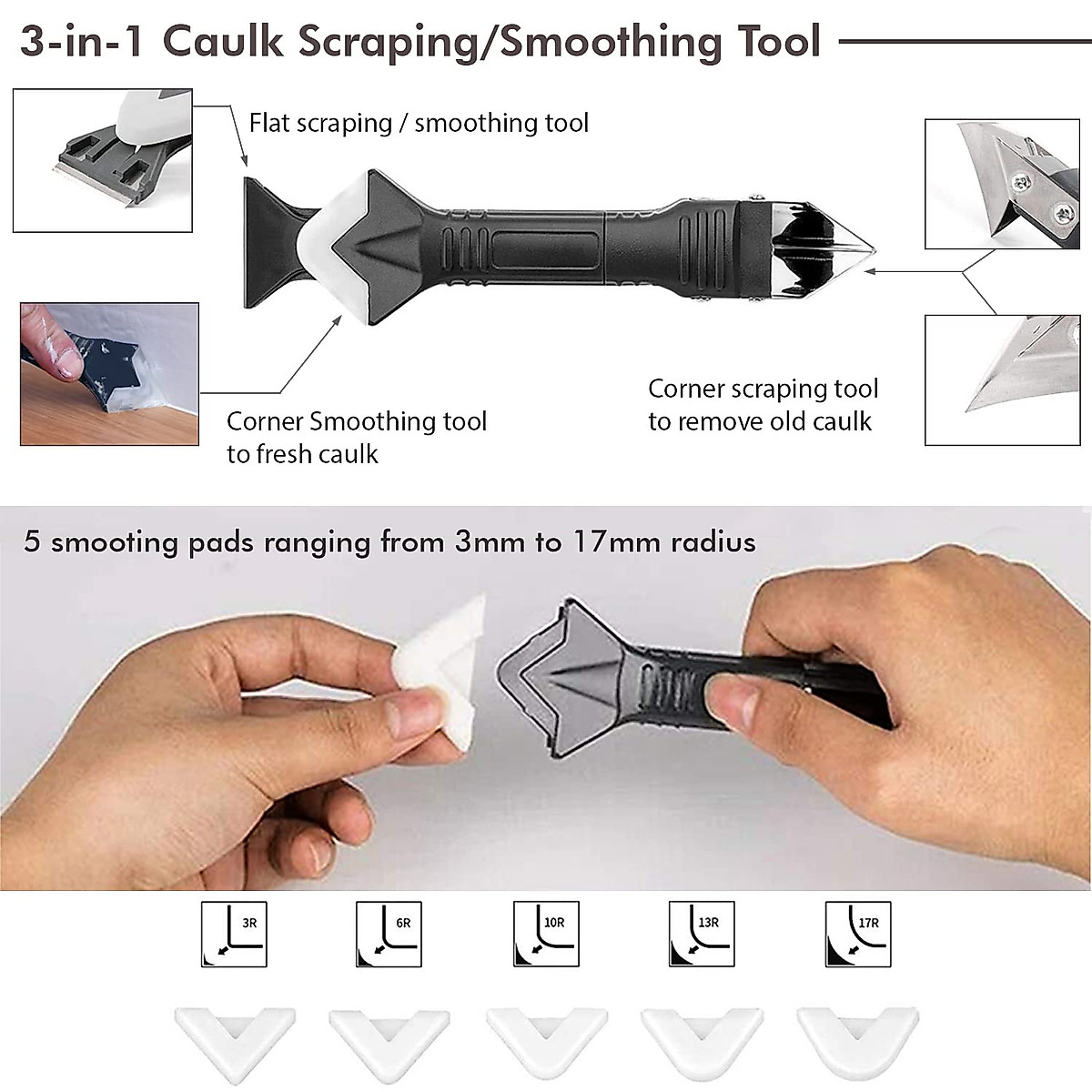 Clear Silicone Sealant + Caulk Gun + Caulking Tool Kit - All-Purpose 100% Silicone Caulk (10 oz Tube), with Dripless Gun, 3-in-1 Scraper/Smoothing Tool, Caulk Removal Tool.