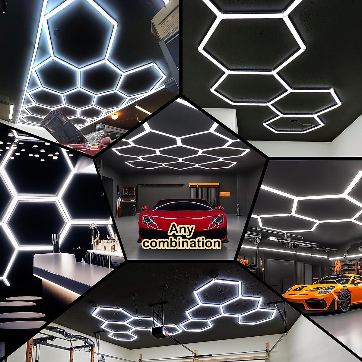 SLARY LED Hexagon Garage Lights, 24 Pack Car Garage Light Tubes, 192W, 23040LM, 6500K Super Bright, 5 Grid Systems Car Detailing Ceiling LED Light for Garage Warehouse Workshop Basement Gym