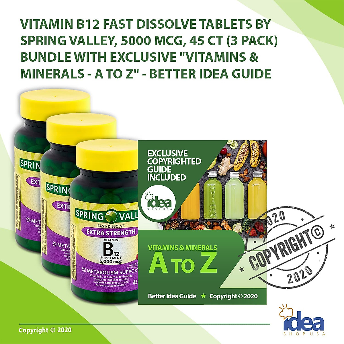Vitamin B12 Fast Dissolve Tablets by Spring Valley, 5000 mcg, 45 Ct (3 Pack) Bundle with Exclusive Vitamins & Minerals - A to Z - Better Idea Guide (4 Items)