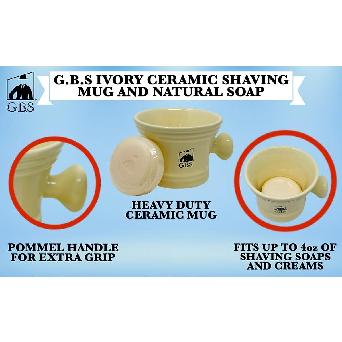 G.B.S Heavy Duty Ceramic Ivory Shaving Mug with Knob Handle and Natural Soap