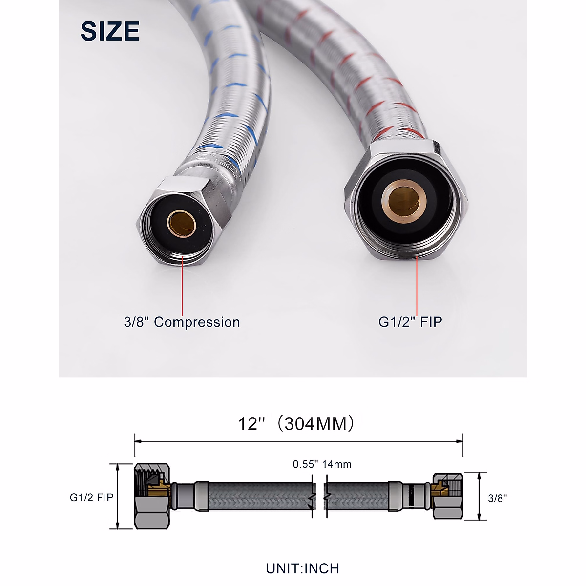 ALEASHA 12 Inch Faucet Supply Lines Stainless Steel Braided Supply Hose for Sink Faucet G1/2" FIP x 3/8" Compression Faucet Connector, cUPC Bathroom Water Hose Replacement Parts 2 PCS