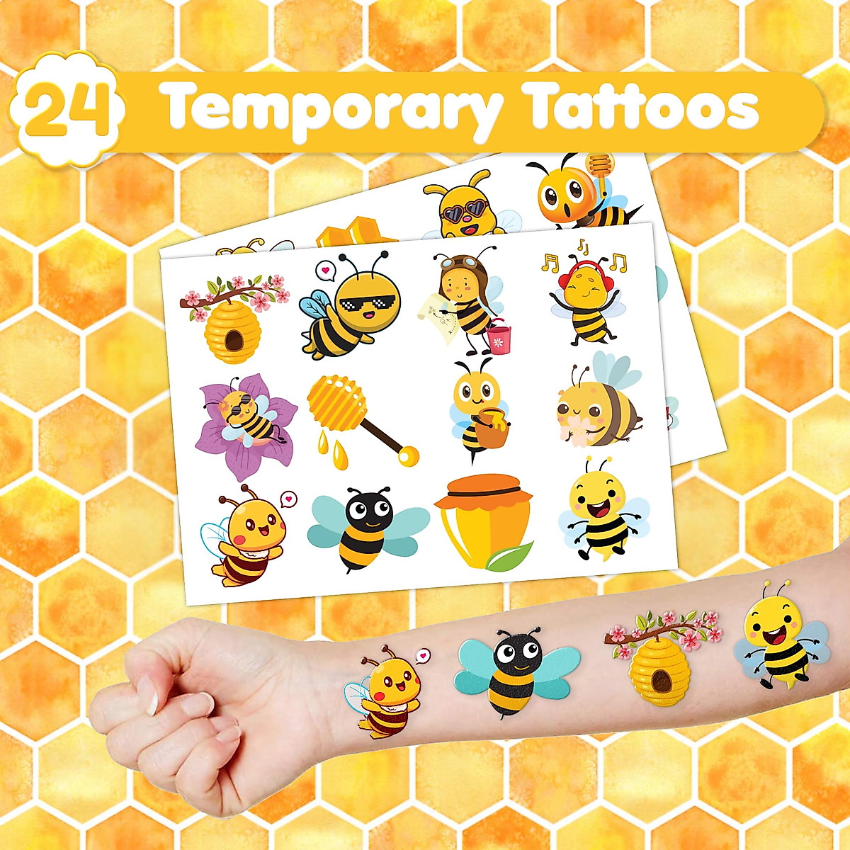 48PCS Bee Party Favors 24PCS Tattoos 24PCS Slap Bracelets Wristbands Themed Birthdays Party Supplies Decorations Decor Honey Bee Day Pattern Girl Gifts School Classroom Prize Baby Shower