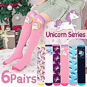 Kids Girls Knee High Socks Unicorn Gift Long Boot Crazy Silly Fun Animal Socks Tall Funny Colorful Stocking Stuffer Child Socks 6 Pairs (Animal Rainbow Unicorn)