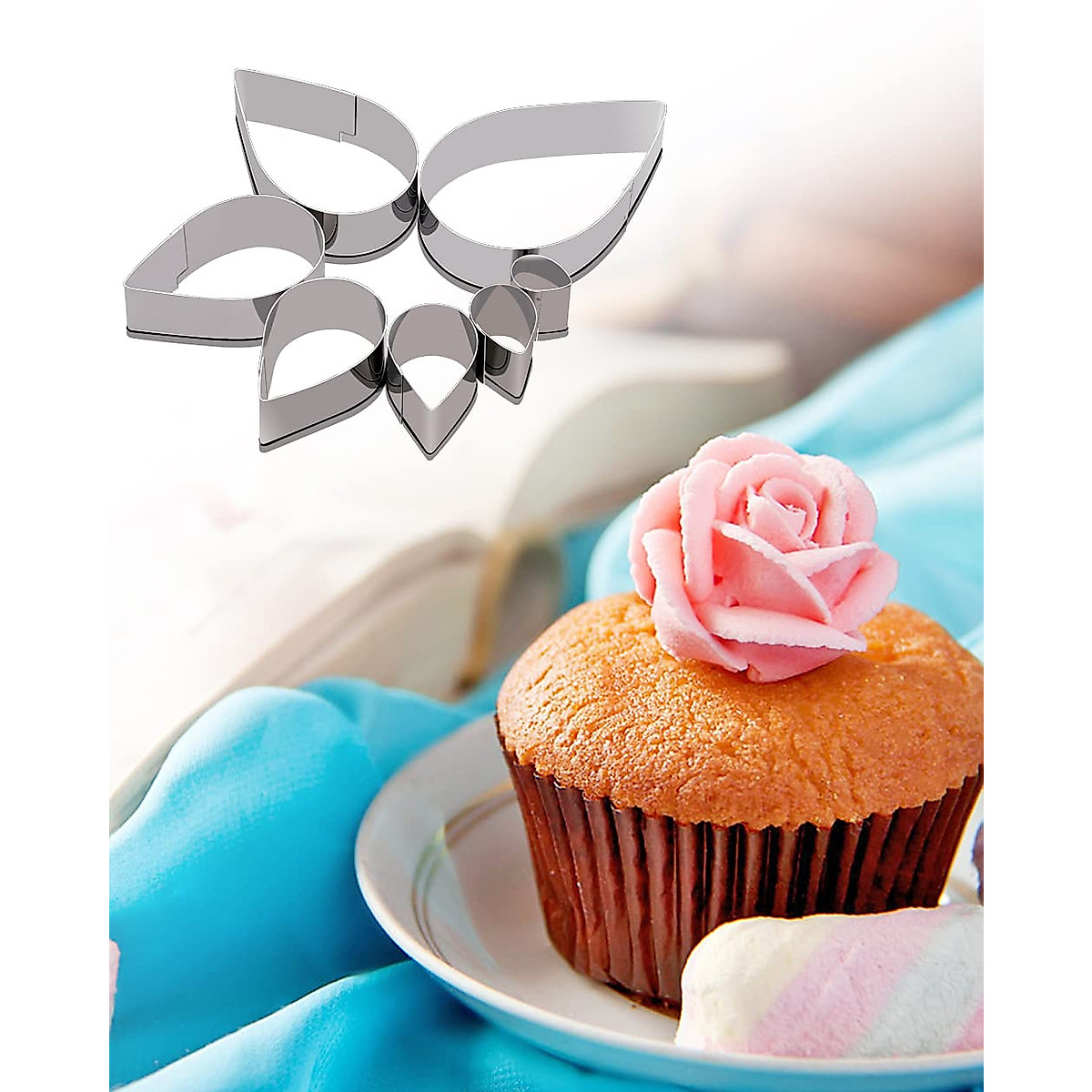 Rose Cutter Set Penta Angel 7Pcs Stainless Steel Flower Petal Fondant Teardrop Shaped Cake Cookie Pastry Baking Mold for Cupcake Topper Decoration (7)
