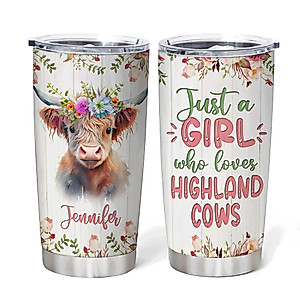 Hyturtle Personalized Gifts For Highland Cow Lover - Birthday Christmas - Just A Girl Who Loves Highland Cows Custom Name Stainless Steel Tumbler 20oz With Lid - Animal Lover Gifts For Her Women Girl