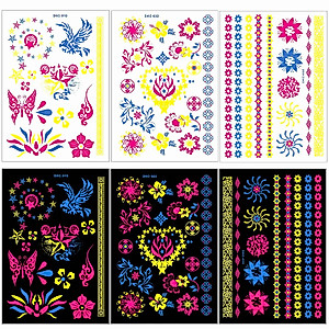 8 Large Sheets Neon Temporary Tattoos Glow In The Dark Neon Tattoos for Party Decoration Fake Tattoos UV Blacklight for Adults Kids Birthday Party Decoration