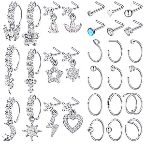 Trnayi 30 Pcs 20g Dangle Nose Ring L Shaped Nose Piercings Jewelry for Women Men Cute Nose Ring Stud Hoop Indian Nose Screw Surgical Steel Nose Ring Studs (Silver)