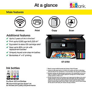 Epson Expression ET-2750 EcoTank Wireless Color All-in-One Supertank Printer with Scanner and Copier (Renewed)