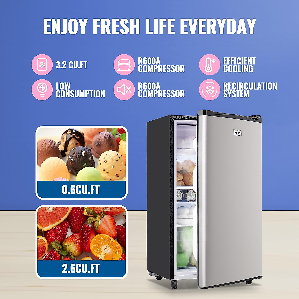 WANAI 3.2 Cu.Ft Mini Fridge with Freezer, Single Door Small Compact Refrigerator with 5 Adjustable Thermostat, LED Light, 3 Removable Shelves for Office, Dorm, Bedroom, Apartment, Kitchen Silver