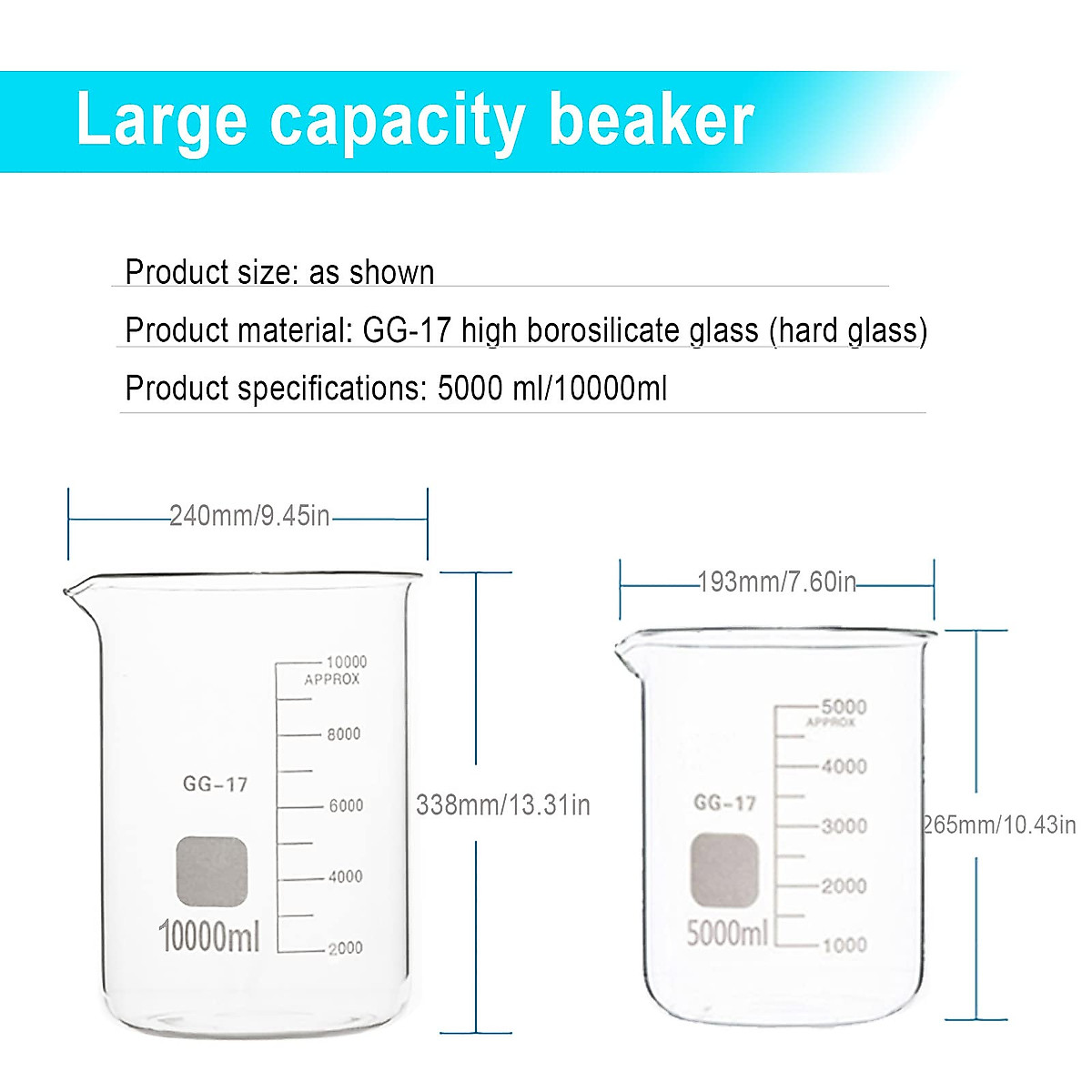 Large Capacity Glass Beaker, Borosilicate High Temperature Resistance Graduated Cup,lab School Chemistry Experiments Measure Mix Beaker with Pour Spout,10000ml,2pcs