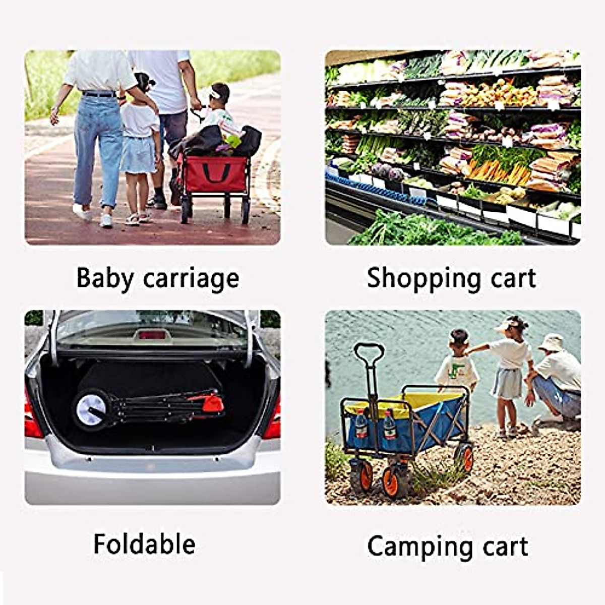 Suuim Outdoor Folding Utility Wagon Collapsible Outdoor Garden Utility Wagon, Transport Trolley for All Terrain, Beach Trailer, Adjustable Handle, Load-Bear