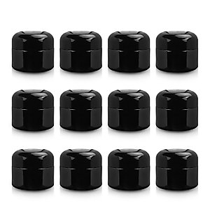12 Pack 1oz Black Matte Glass Jars,Empty Round Storage Travel Containers with Black Dome Lid & Inner Liners,Refillable Cosmetic Vials for Ointments,Creams,Salve, Lotion-12 Spatulas