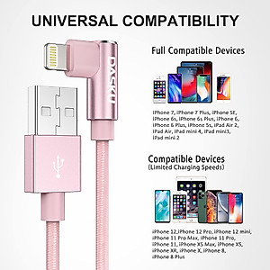 2 Pack 90 Degree iPhone Charger 10Ft Mfi Certified Lightning Cable Right Angle Long Nylon briaded Cord Compatible with Apple iPhone 14 13 12 11 Pro Max XS XR X 8 7 6 5 Plus iPad (Pink)