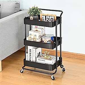 TOOLF 3 Tier Metal Rolling Cart, Utility Cart with Handle, Multifunction Storage Cart with Lockable Wheels, Serving Organizer Trolley with Mesh Basket for Kitchen, Bathroom, Office