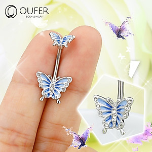 OUFER Butterfly Belly Button Rings, 14G 316L Surgical Steel Navel Piercing Jewelry, Navel Ring Barbell for Women