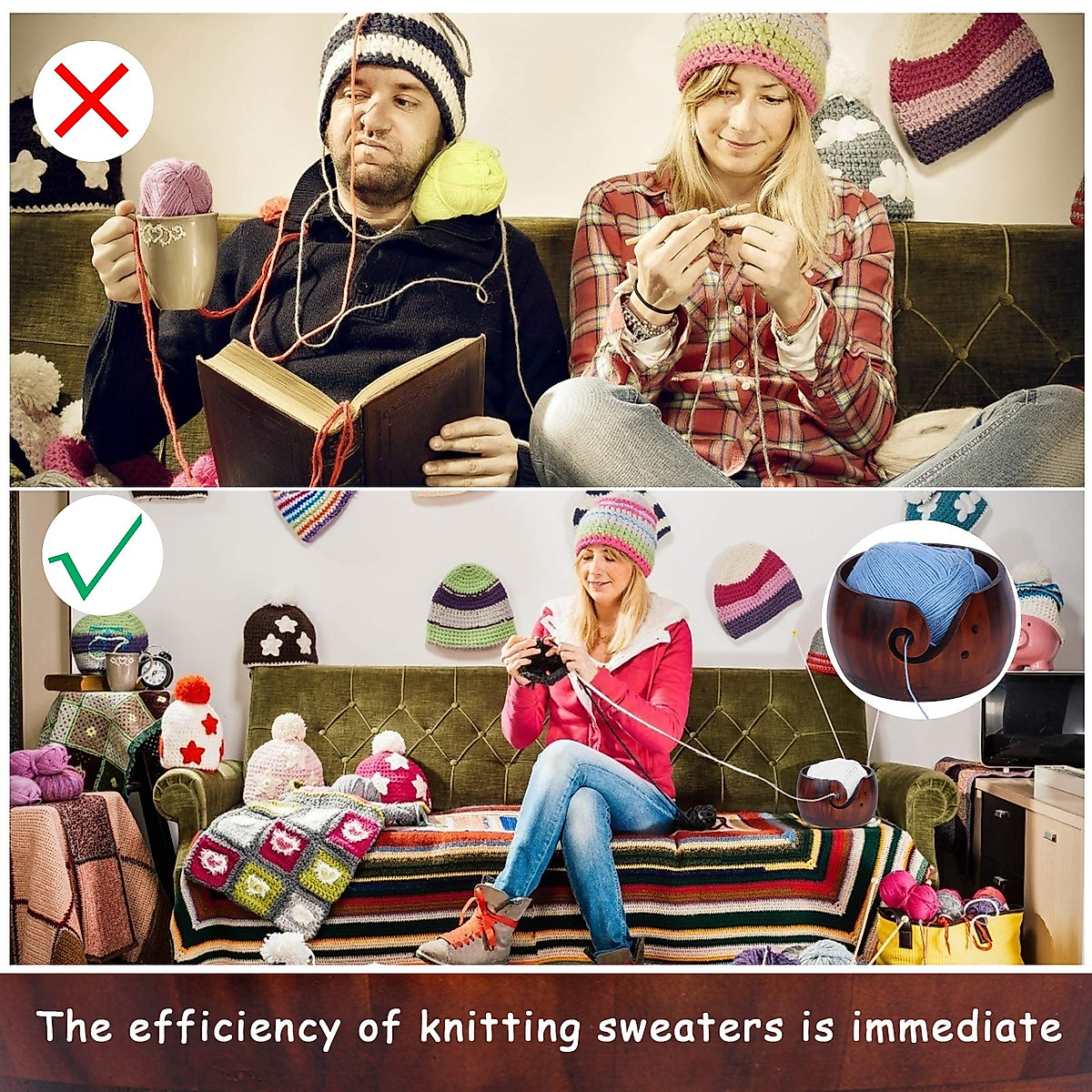 Wooden Yarn Bowl Crochet Yarn Storage Bowl with Holes Knitting Storage Tool, for Storing Yarn Knitting Tools