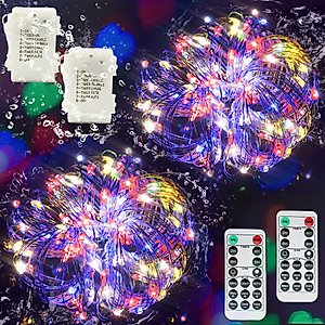100 LED 2 Packs Christmas Fairy String Lights Battery Operated 8 Modes with Remote 33ft Silver Copper Wire Twinkle Starry Firefly Lights for Bedroom Patio Garden Decor Multi-Colored