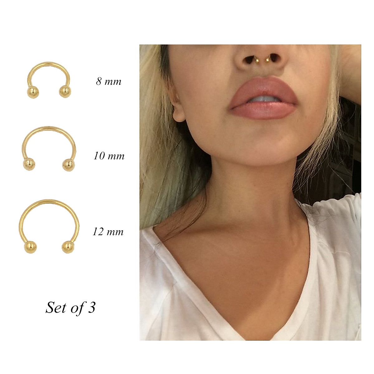 NZDLM Horseshoe Hoop Nose Rings Cartilage Earring Nose Septum Nose Nostril Stainless Steel Bull Nose Ring for Women Men Gold