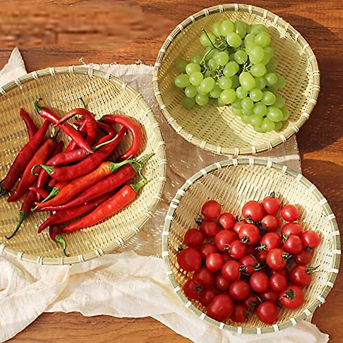 Cedilis 3 Pack Bamboo Basket Tray, Wicker Bread Basket, 100% Natural Handmade Woven Fruit Basket, U Shape Holder Flat Shallow Vegetables Serving Basket, Stackable, 10Inch, 11Inch, 12Inch